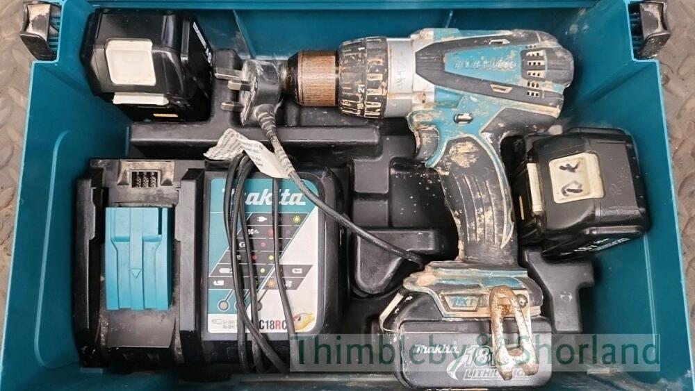 Makita DHP458 Cordless Drill, x3 Makita 3.0Ah 18v Batteries & Makita ...